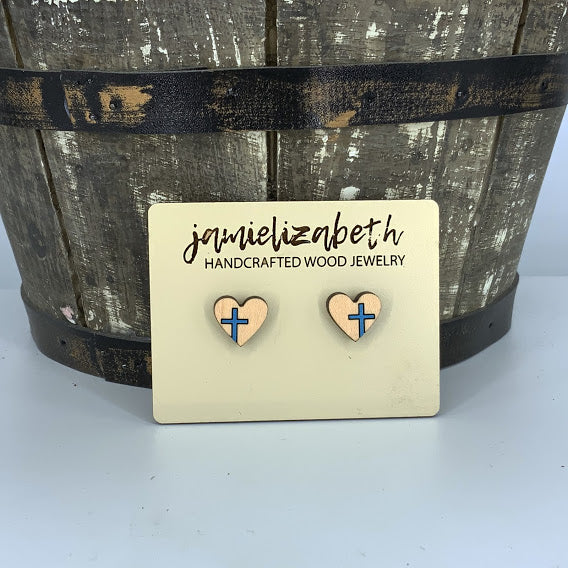 Heart-Shaped Studs with Painted Cross (multiple colors available ...